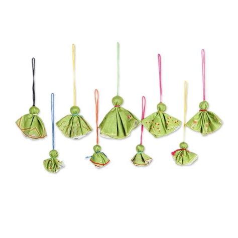 Novica Handmade Green Chekutty Dolls Embroidered Viscose Ornaments Set