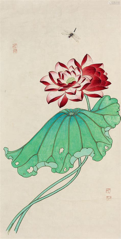 1915～19951916～2007 俞致贞刘力上 荷花蜻蜓 设色纸本 镜片－【deal Price Picture】