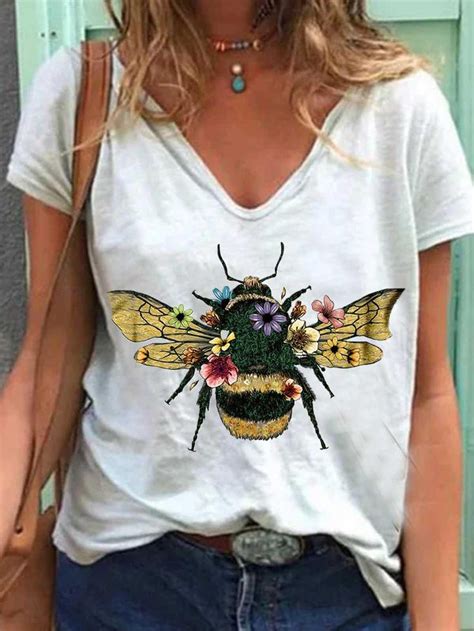 Light Blue Short Sleeve Casual T Shirts Noracora Bee Print Shirt