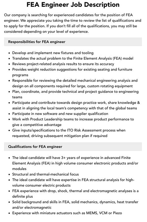 Fea Engineer Job Description Velvet Jobs