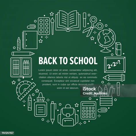 학교 용품 라인 아이콘을 설정 동그라미 템플릿입니다 연구 도구 그린 포스터글로브 계산기 책 연필 가 위 통치자 노트북 벡터