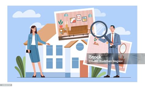 집을 파는 사람들 여자와 남자가 돋보기로 아파트를 평가하고 있습니다 부동산 및 사유 재산과의 거래 집 근처의 부동산 중개인 평면 벡터 일러스트 레이 션 거래자에 대한 스톡