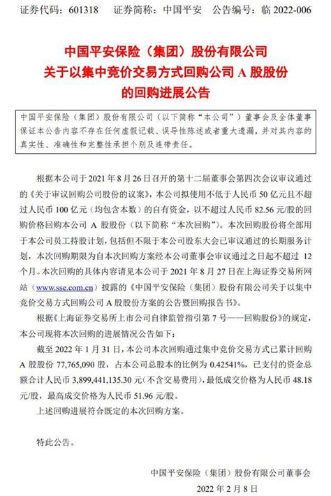 中国平安回购最新进展：已累计支付近39亿元回购043a股股份公司价格资金