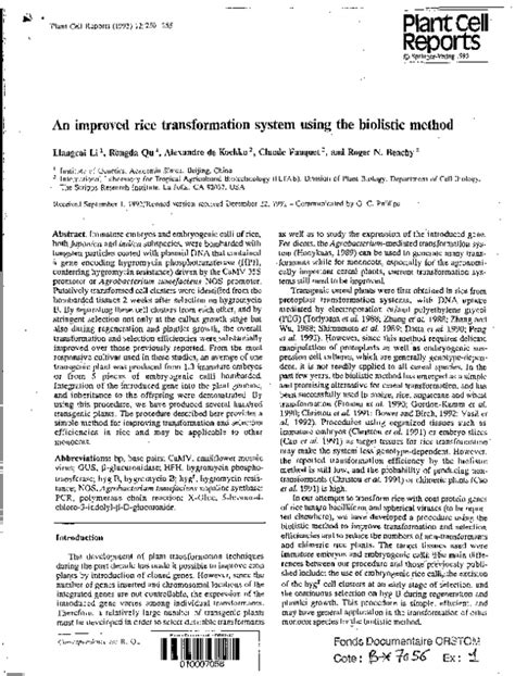Pdf An Improved Rice Transformation System Using The Biolistic Method