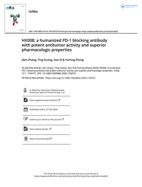 Pdf Hx008 A Humanized Pd 1 Blocking Antibody With Potent Antitumor