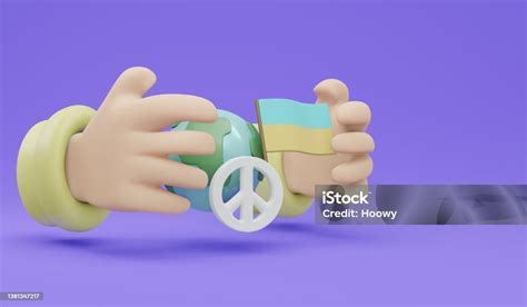 3d 전쟁 을 중지 하지의 배경 개념에 세계 평화 표지판과 우크라이나 플래그를 보호 하는 손 렌더링 3d 렌더 일러스트 만화 스타일 3차원 형태에 대한 스톡 사진 및 기타