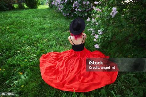 빨간 머리 직업 패션 소녀 여름에 라일락 색상의 봄 초상화 아름 다운 빨간 분홍색 드레스 여자의 몸에 문신 밝은 메이크업 전문 헤어 컬러링 관능에 대한 스톡 사진 및 기타