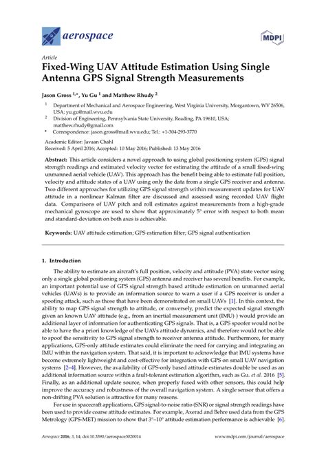 Pdf Fixed Wing Uav Attitude Estimation Using Single Antenna Gps Signal Strength Measurements