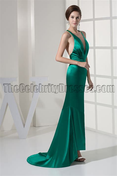 Sexy Deep V Neck Hunter Backless Evening Gown Prom Dress