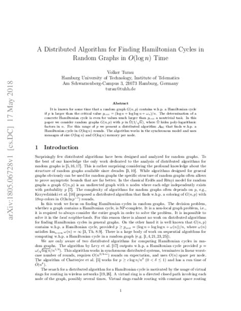 Pdf A Distributed Algorithm For Finding Hamiltonian Cycles In Random