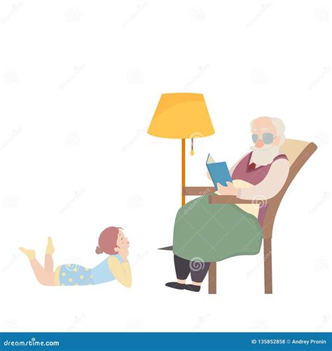 Grandfather And Granddaughter Cartoon Characters On White Background
