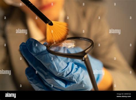 Forensic Fingerprint Analysis Criminalist Woman Collects Latent