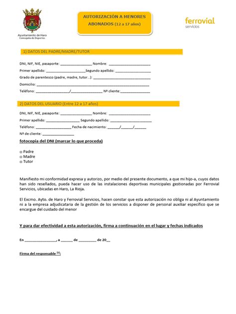 Autorización Para Menores En Instalaciones Deportivas Pdf