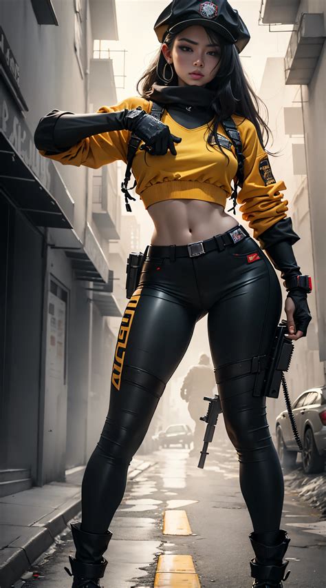 A Close Up Of A Woman In A Yellow Shirt And Black Pants Seaart Ai