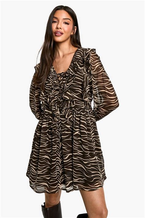Zebra Ruffle Smock Dress Boohoo Uk