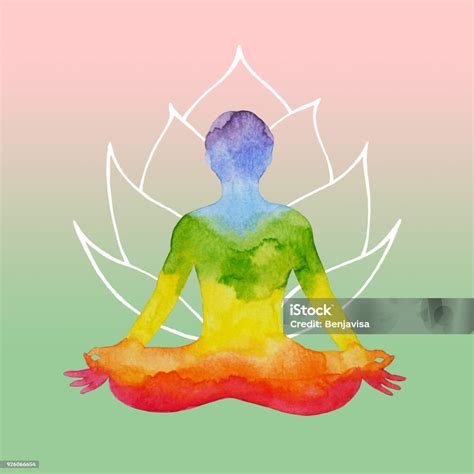 7 차크라 인간의 로터스 포즈 요가 추상적인 세계 우주 안에 당신의 마음 정신 수채화 그림 손으로 그린 7에 대한 스톡 벡터