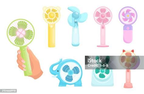 손 선풍기 전기 배터리의 핸드 헬드 팬 여름 여행시 시원한 공기를 환기시키는 소형 소형 휴대용 송풍기를 들고 손 팬 바람 공기의 그림 전기 제품 만화에 대한 스톡 벡터 아트