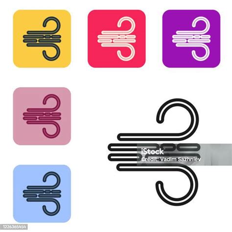 흰색 배경에 격리 된 검은 선 바람 아이콘입니다 바람이 많이 부는 날씨 색상 정사각형 버튼으로 아이콘을 설정합니다 벡터 일러스트레이션 개념에 대한 스톡 벡터 아트 및 기타