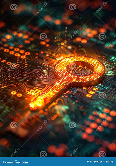 Glowing Key Symbol On A Circuit Board Pattern Illustrating Data Encryption Cybersecurity And