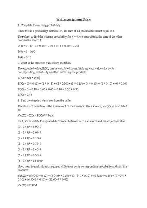 Math 1280 Written Assignment 4 Written Assignment Unit 4 Complete The