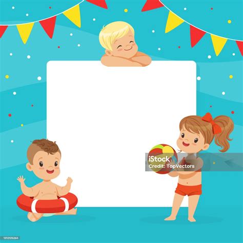 여름 캠프 활동 벡터 일러스트를 즐기는 고무 링 홀딩 볼 수영복에 행복한 소년과 소녀와 화이트 프레임 또는 카드 독일에 대한 스톡 벡터 아트 및 기타 이미지 Istock