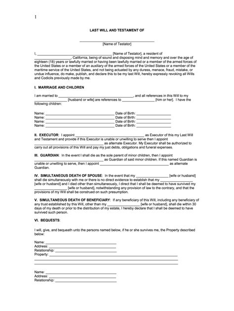 Free Printable Will Form