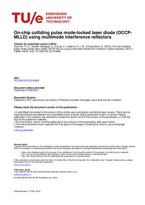 Pdf On Chip Colliding Pulse Mode Locked Laser Diode Occp Mlld Using Multimode Interference