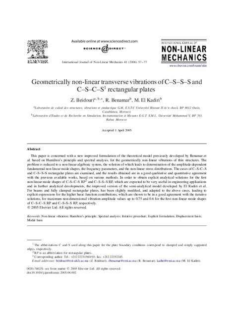 Pdf Geometrically Non Linear Transverse Vibrations Of Csss And Cs