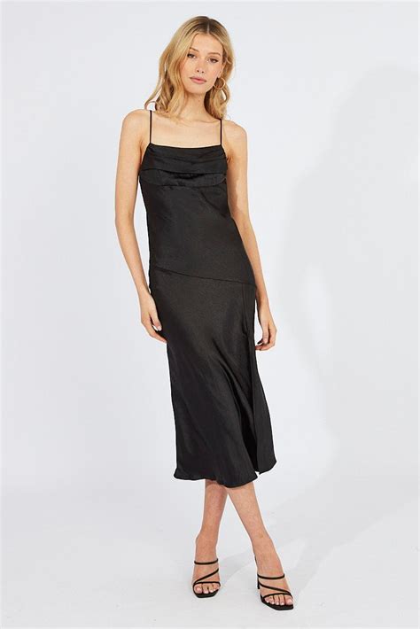 Black Satin Dress Cocktail Split Side Strappy Ally Fashion