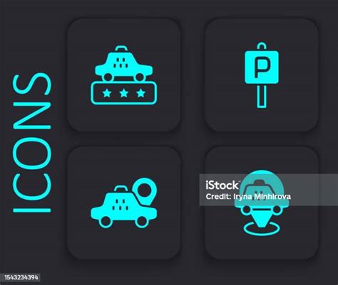 場所タクシー車タクシーサービス評価駐車場アイコンを設定します黒い四角いボタンベクトル アイコンのベクターアート素材や画像を多数ご用意