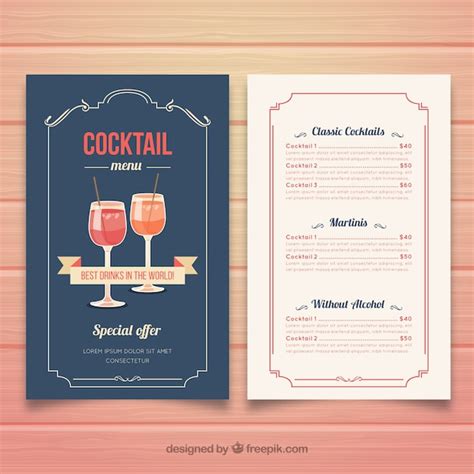 Free Vector Cocktails Menu Template In Flat Style