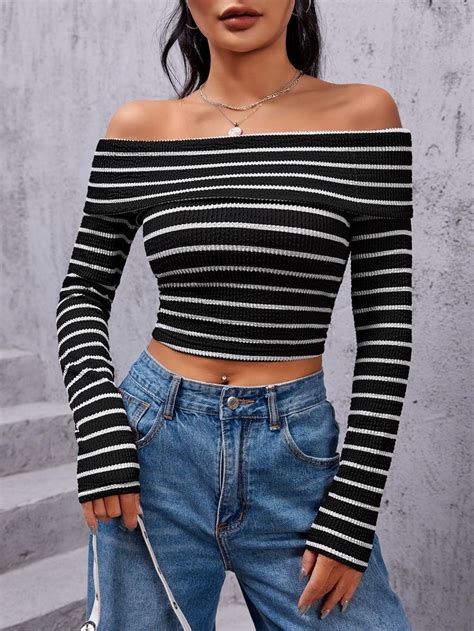 Shein Ezwear Camiseta Cortada Listrado Fora Do Ombro Clothes Stripy