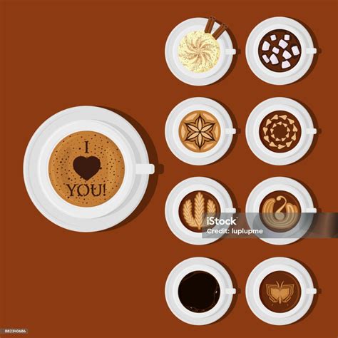 다양 한 유형의 커피 초콜릿 코코아 컵 상단 보기 메뉴 구색 벡터 일러스트 레이 션에 대 한 완벽 한 0명에 대한 스톡 벡터 아트 및 기타 이미지 Istock