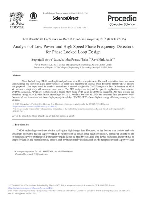 Pdf Analysis Of Low Power And High Speed Phase Frequency Detectors