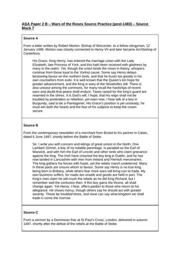 Source Paper Mock Set 7 Wars Of The Roses Aqa A Level History Paper 2