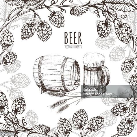 맥주의 테마에 그려진된 요소입니다 벡터 집합입니다 맥주 유리 찻잔 병 및 홉 빈티지 벡터 그림 웹 포스터 파티에 초대에 대 한 조각 공휴일에 대한 스톡 벡터 아트 및 기타