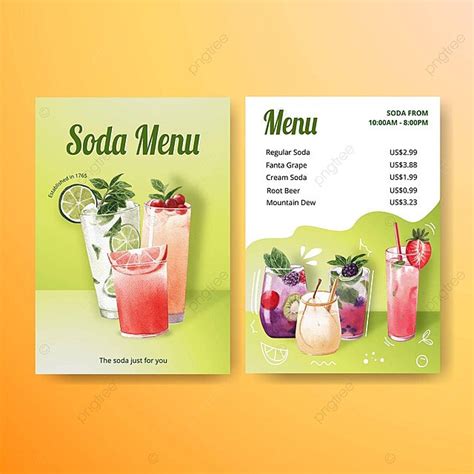 Watercolor Vector Illustration Of A Cafe And Bistro Soda Menu Template Vector Drop Fizz
