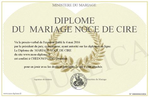 Diplome Du MARIAGE NOCE DE CIRE