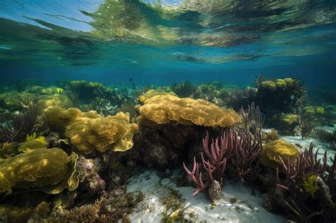 Arrecife de coral con coloridas plantas acuáticas y pastos marinos creados con ia generativa