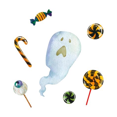 Halloween Enge Geest En Snoepjes Instellen Aquarel Hand Getekende