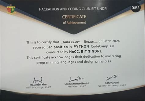 achievement python programming bitsindri hackathonandcodingclub… shreekant bharti