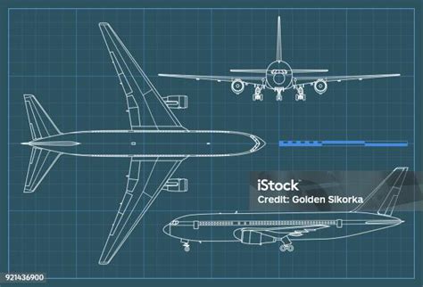 비행기의의 산업 청사진 파란색 배경에 평면 드로잉 벡터 개요입니다 상단 측면과 전면 보기 비행기에 대한 스톡 벡터 아트 및 기타 이미지 Istock