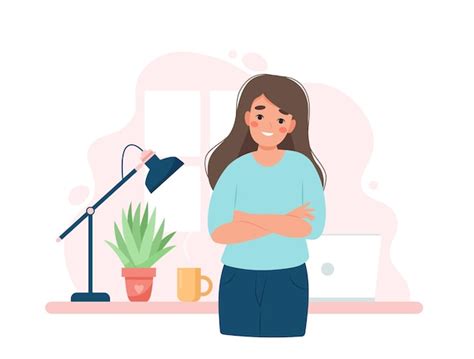 팔짱을 끼고 책상 앞에 서 있는 여성 기업가 프리미엄 벡터