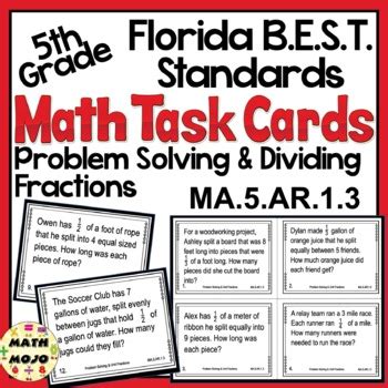 5th Grade Math Task Cards Florida BEST Fractions Division Problems MA