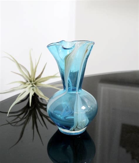 Small Blue Swirl Hand Blown Glass Vase With Wavy Edge Clear Etsy