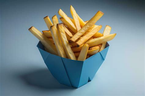 Francés Papas Fritas En Un Azul Caja En Un Gris Antecedentes