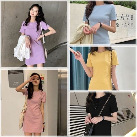 Sgh0098 พร้อมส่ง ชุดมินิเดรสคอกลมแขนสั้นสีพาสเทล 5สี ทรงเข้ารูป เนื้อผ้านิ่มเด้ง T Shirt