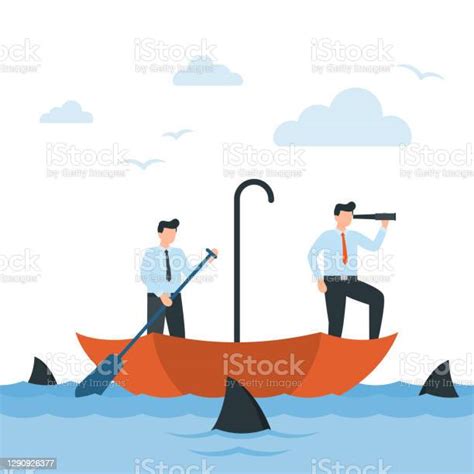 상어와 함께 바다에 떠있는 우산 보트에 스파이 유리를 가진 사업가 개념에 대한 스톡 벡터 아트 및 기타 이미지 개념 거리 경영자 Istock