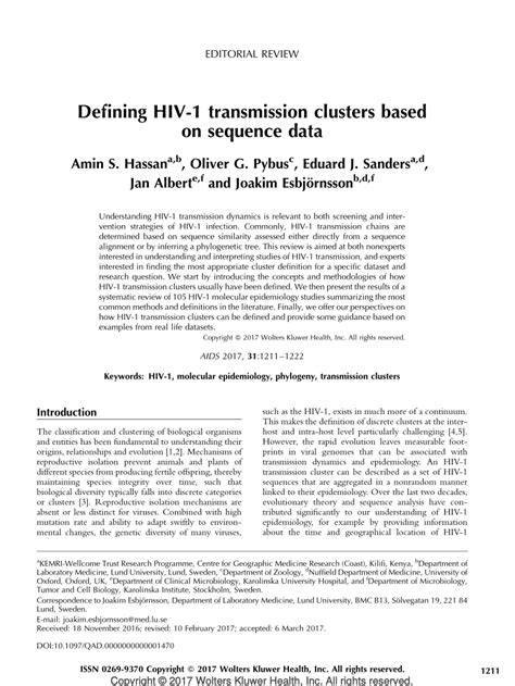 Pdf Defining Hiv 1 Transmission Clusters Based On Sequence Data A Systematic Review And