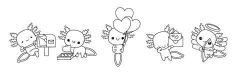격리된 양서류 색칠 페이지 그림의 벡터 Axolotl 개요 아트 세트 컬렉션 프리미엄 벡터